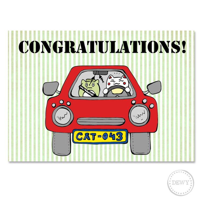Congratulations A5 postkaart met auto en kat
