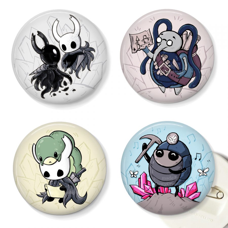 Hollow Knight buttons - Myla, Cornifer & Knight